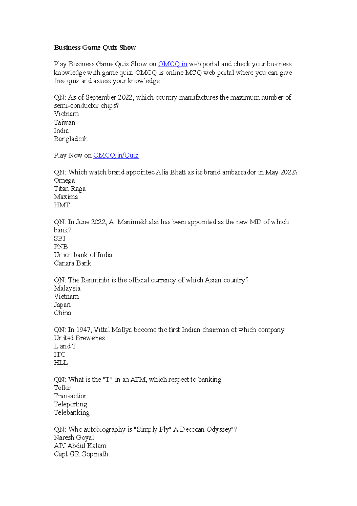 Business Game Quiz Show - OMCQ is online MCQ web portal where you can ...