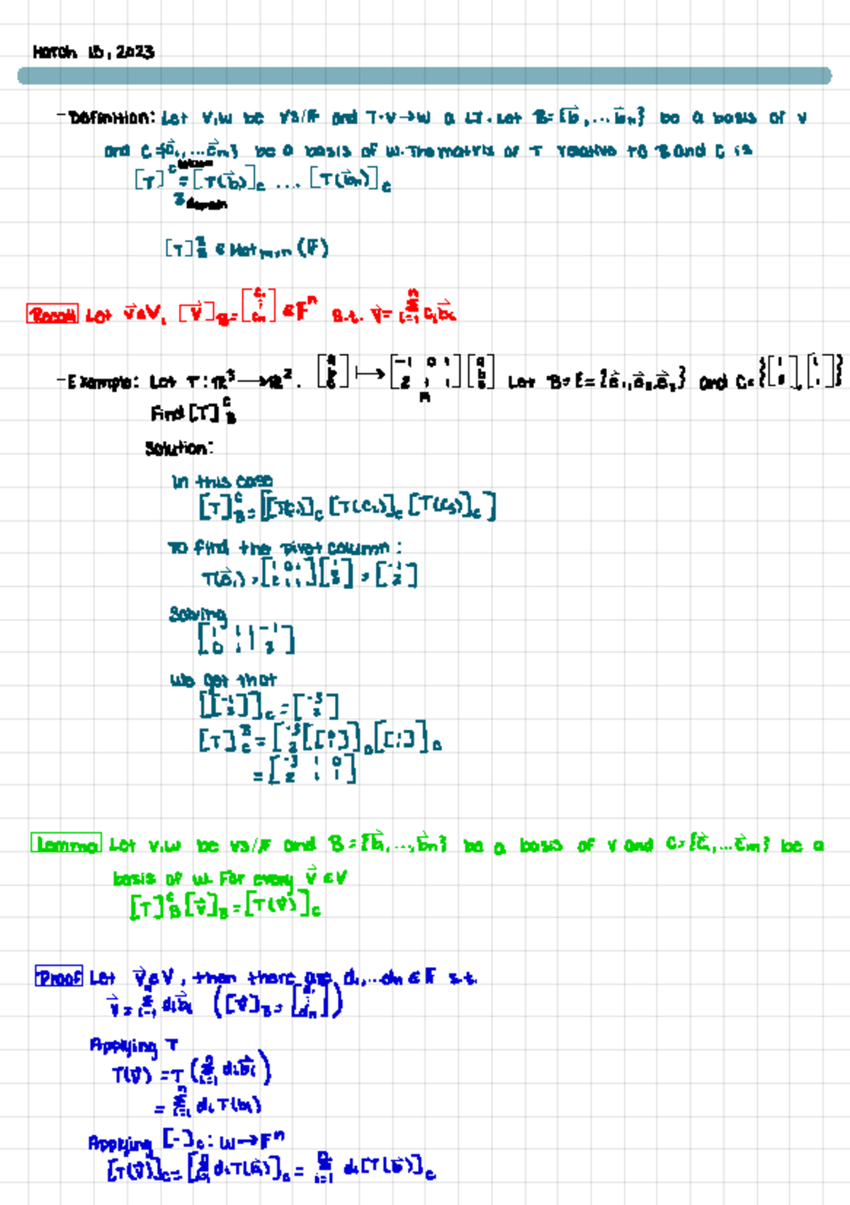 Introduction To Linear Algebra 13 - March 15, 2023 Definition:Let V,w ...