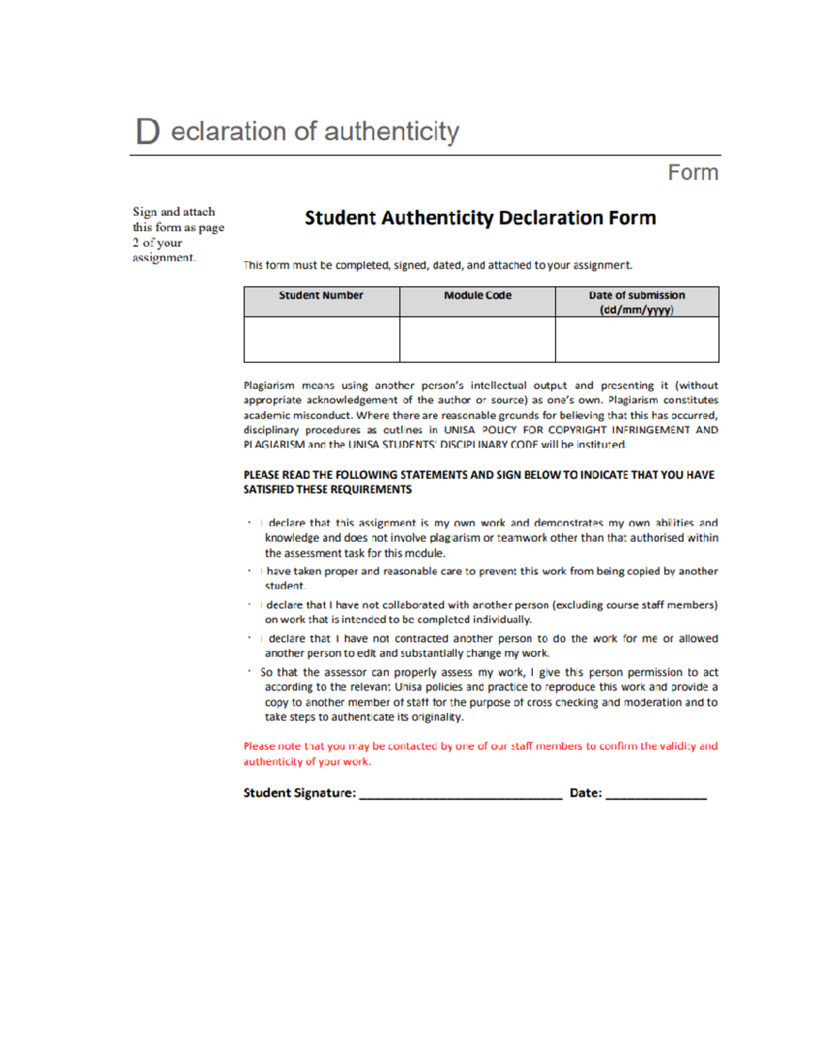 Plagirism declaration Unisa - PYC4807 - Studocu