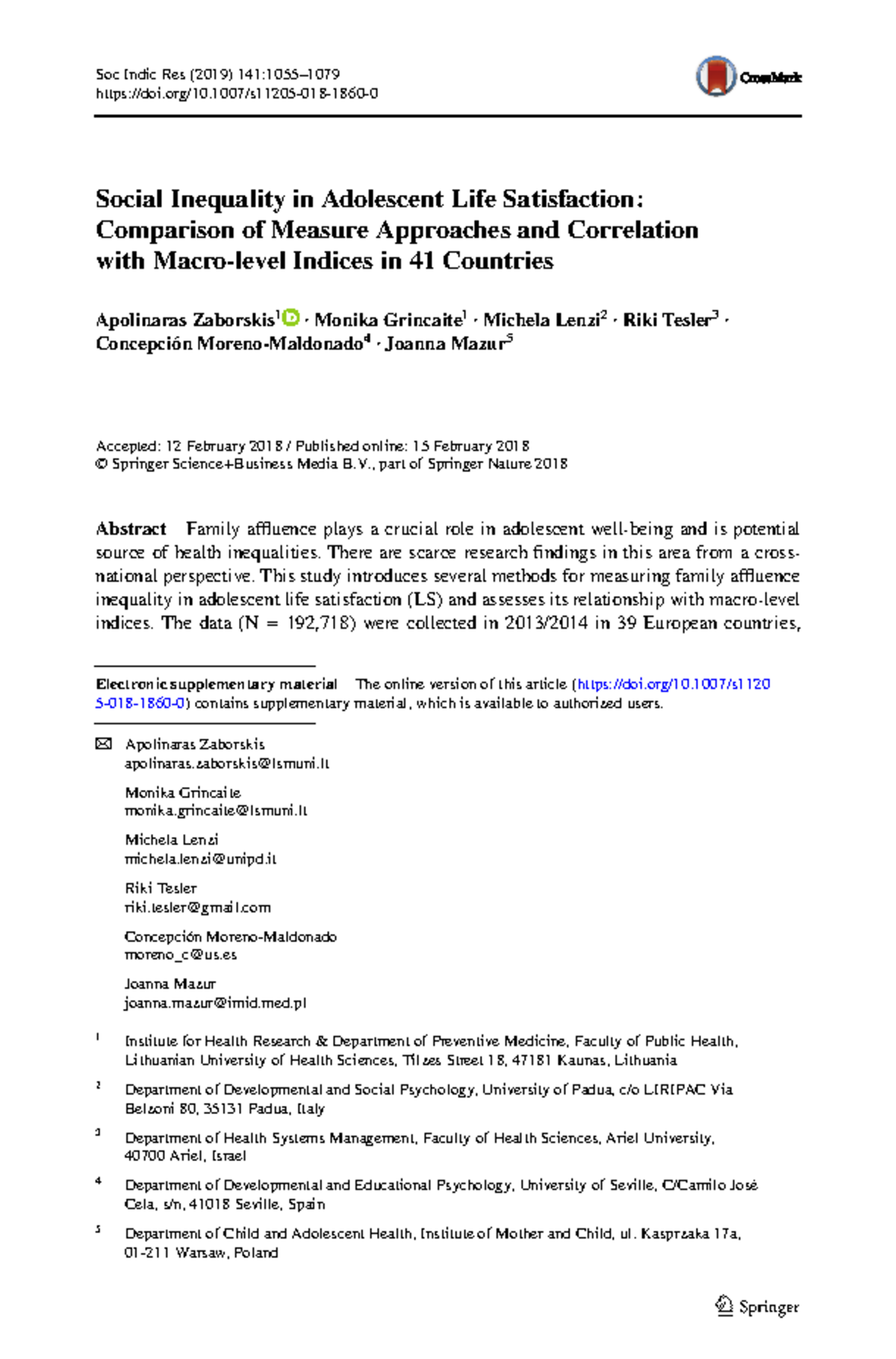 Social Inequality in Adolescent Life Satisfaction- Comparison of ...