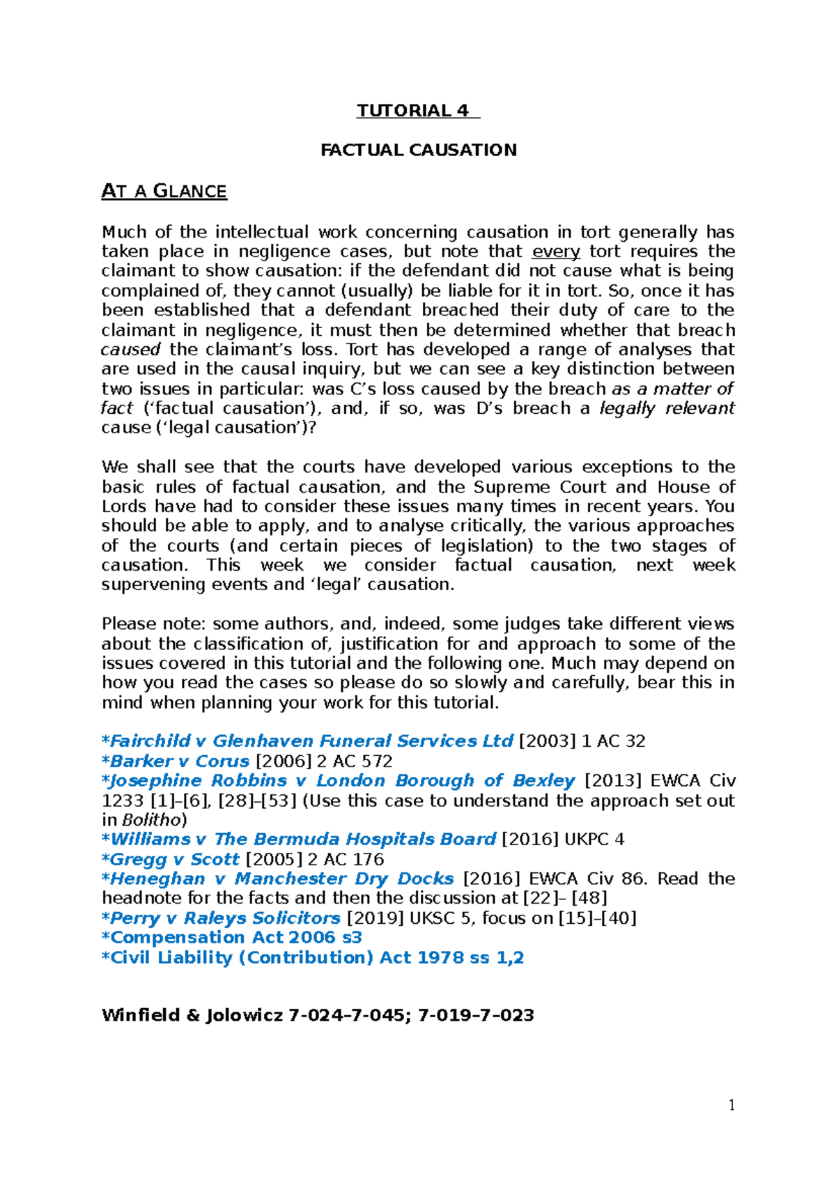 Tutorial 4 Factual Cause - TUTORIAL 4 FACTUAL CAUSATION AT A GLANCE ...