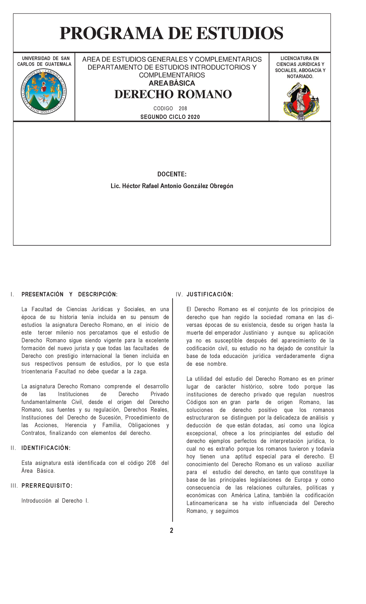 208 Derecho Romano - Espero les sirva - Warning: TT: undefined function: 32 PROGRAMA DE ESTUDIOS ...