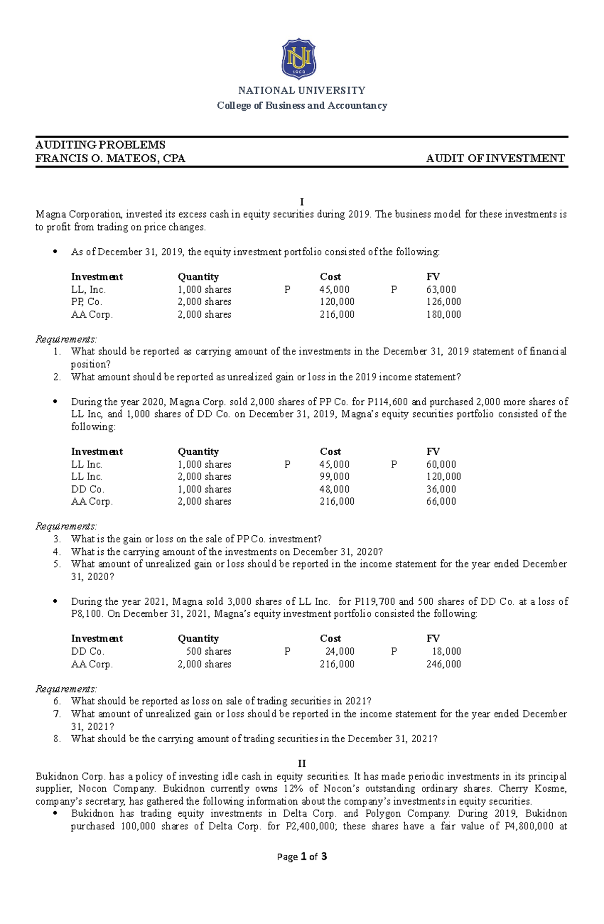 Audit of Investment - NATIONAL UNIVERSITY College of Business and ...
