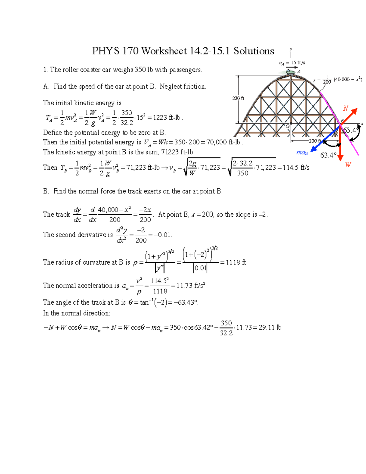 P170-w14 - p170-w14.2-15.1-sols.pdf - PHYS 170 Worksheet 14.2-15 Solutions The roller coaster ...
