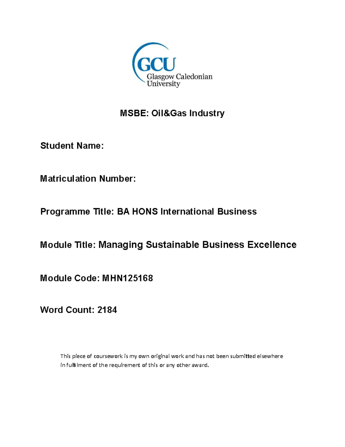 Assignment 2 MSBE Oil and Gas - MSBE: Oil&Gas Industry Student Name ...