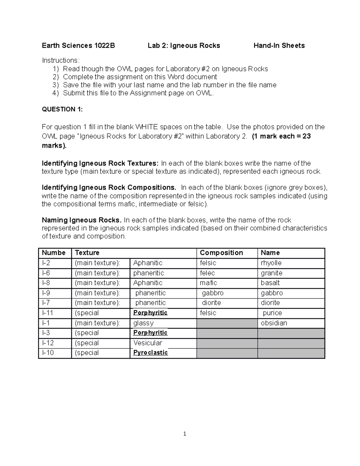 Earth rocks Lab 1 second semester - Earth Sciences 1022B Lab 2: Igneous ...