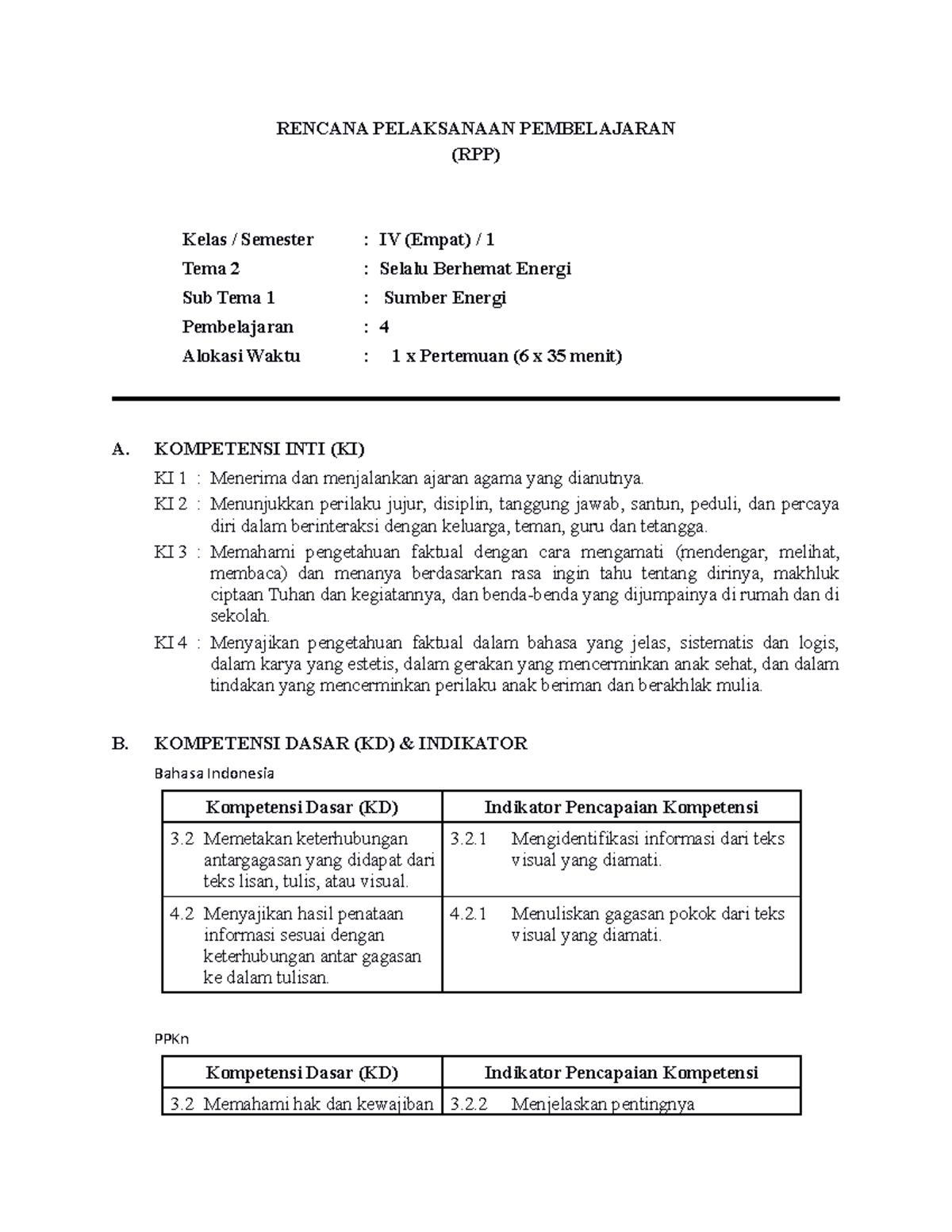 RPP Kelas 4 Konvervasi Energi - RENCANA PELAKSANAAN PEMBELAJARAN (RPP ...