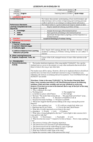 MELC DLL ENG 10 WEEK 1 Q1 DONE - GRADES 1 to 12 DAILY LESSON LOG MELC BASED School: Grade Level ...