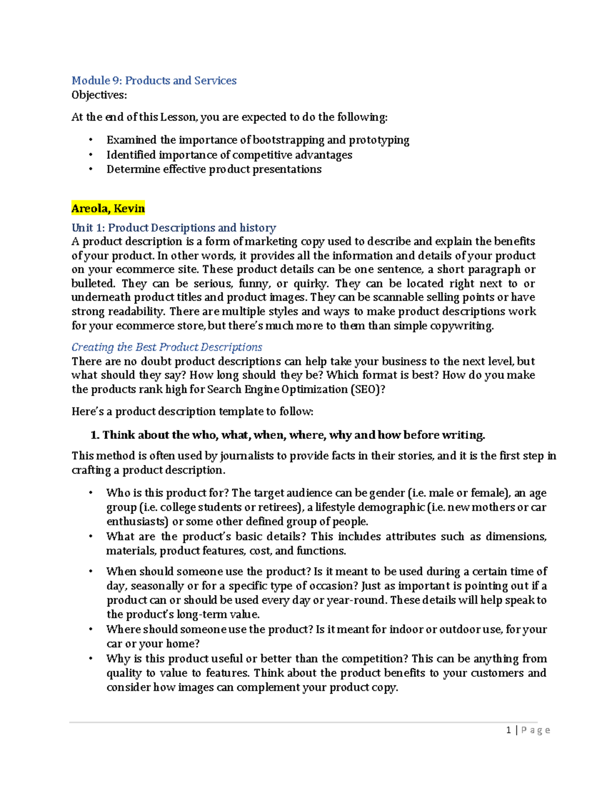 Report ( Techno) - Lecture - Module 9: Products and Services Objectives ...