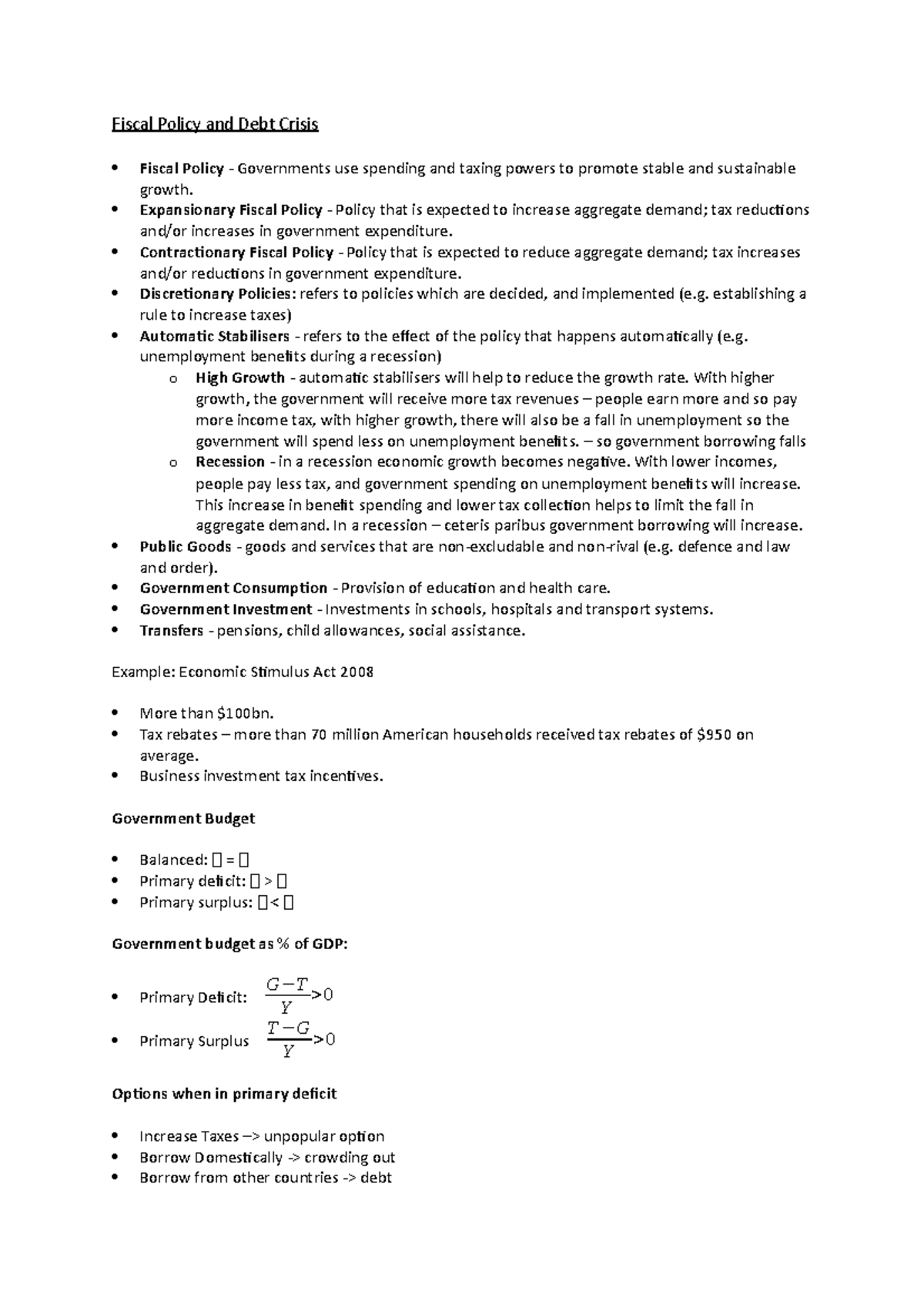 Fiscal Policy and Debt Lecture Notes - Fiscal Policy and Debt Crisis ...