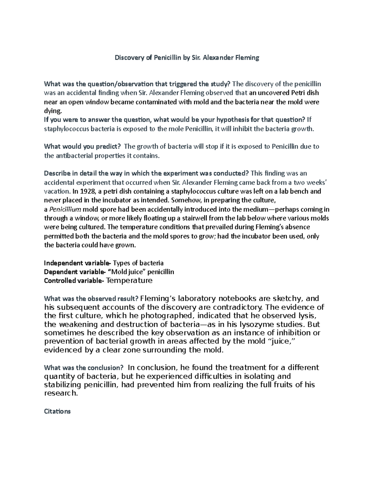 Discovery of Penicillin by Sir - BSC 1010C - Valencia College - Studocu