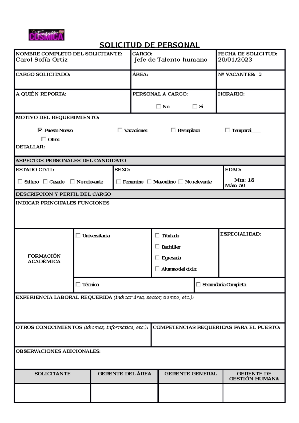 Formato personal solicitado punto 1 - SOLICITUD DE PERSONAL NOMBRE ...