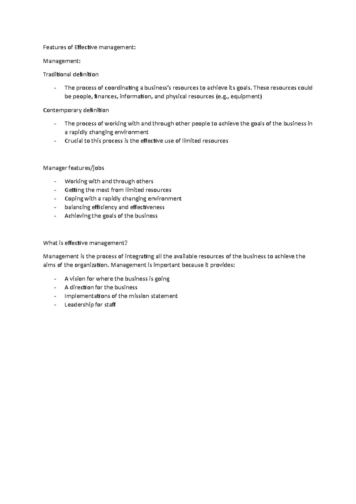 Business studies notes - Features of Effective management: Management ...