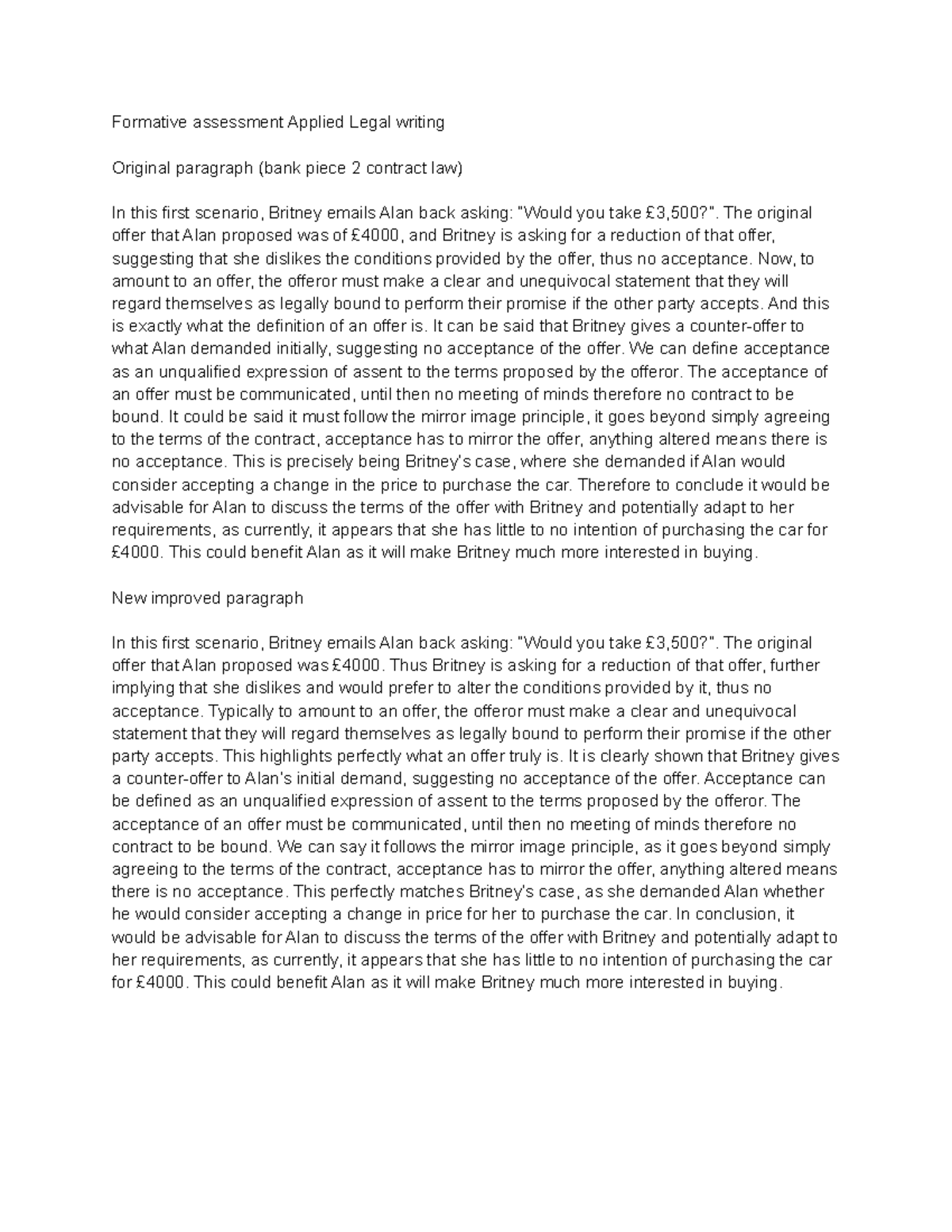 Formative assessment Applied Legal writing - The original offer that ...