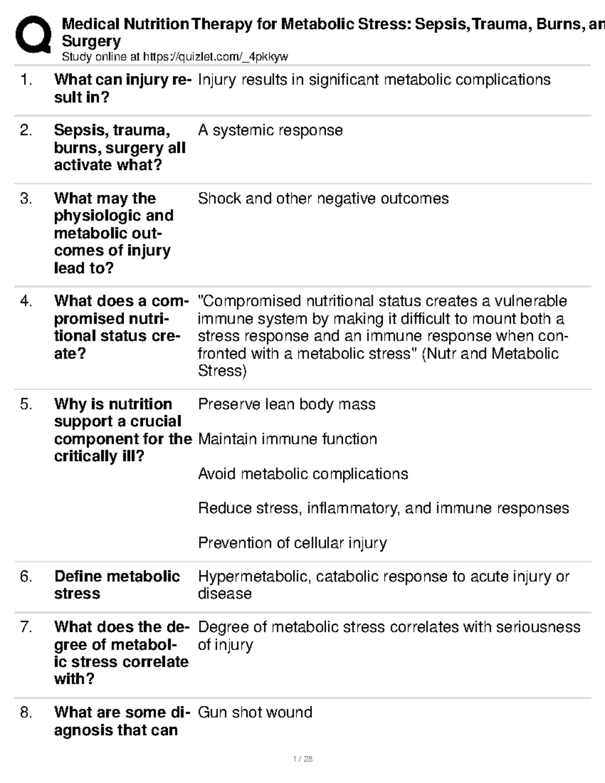 Medical Nutrition Therapy for Metabolic Stress Sepsis, Trauma, Burns ...
