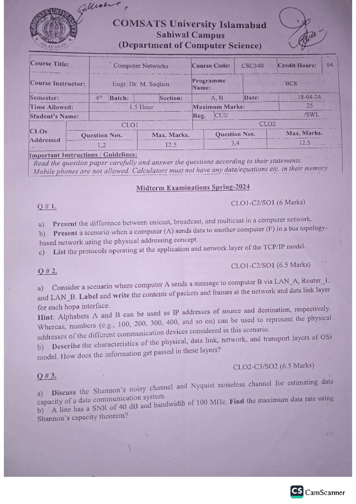 CN - Mid Term - CSC340 - 2024 - COMSATS University Islamabad Sahiwal ...