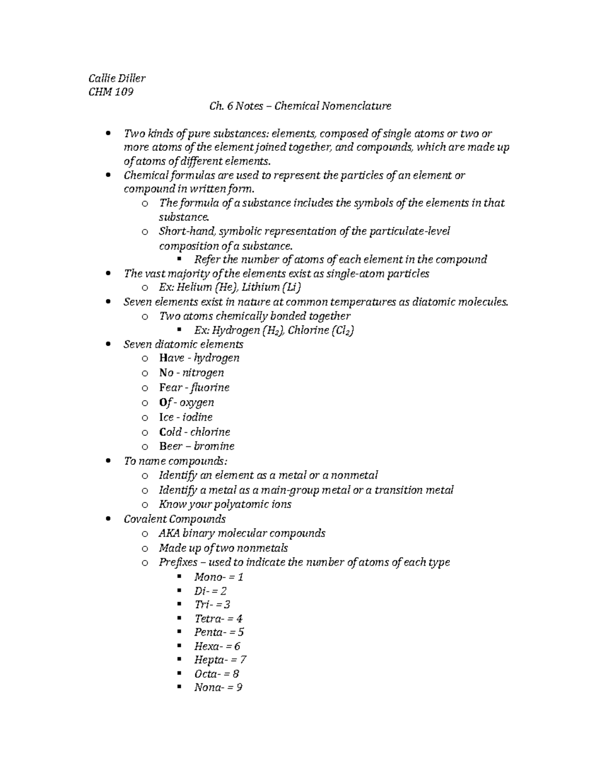 CHM 109 - Ch. 6 Notes - Professor: Rachel Driscoll - Callie Diller CHM ...