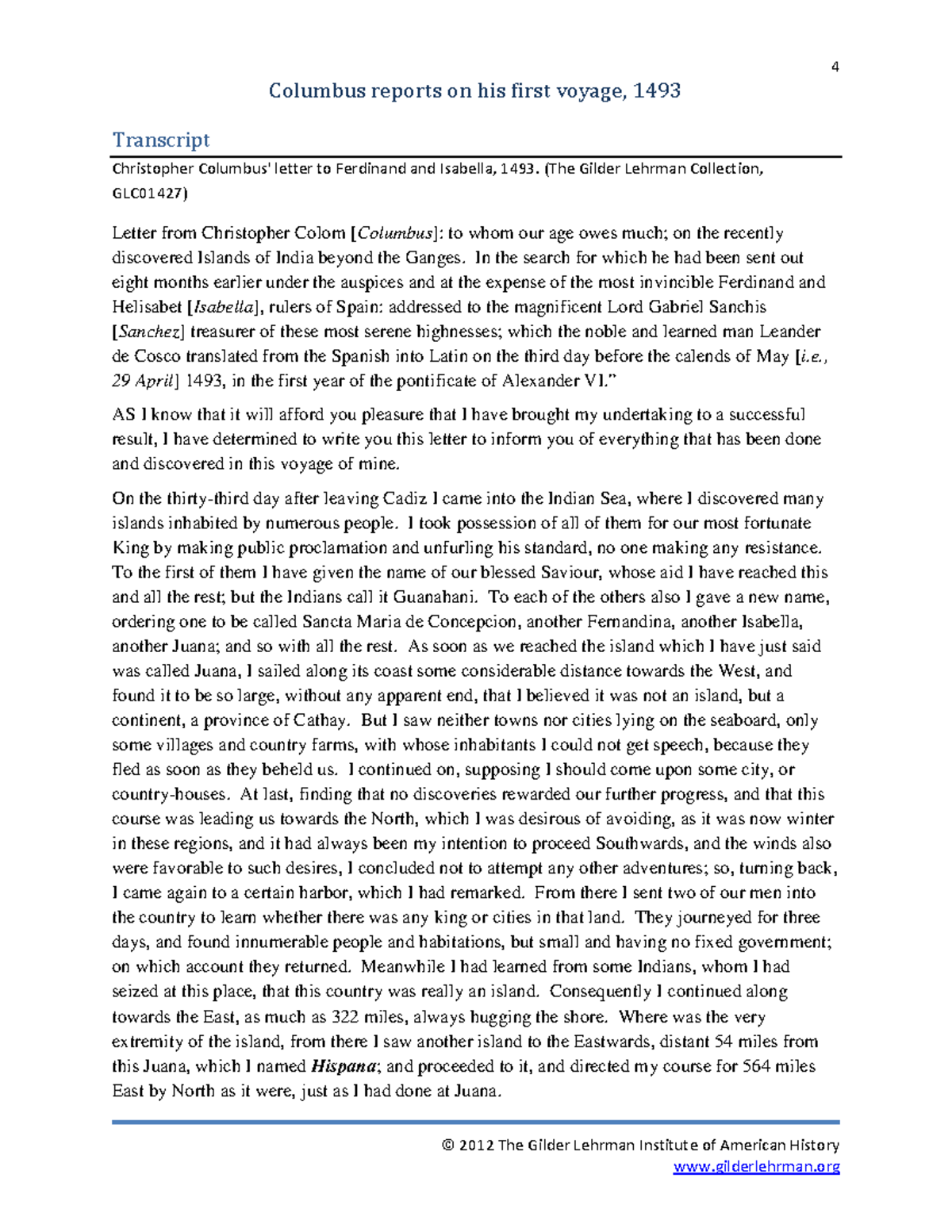 Columbus Report on His First Voyage 1493 - Columbus reports on his ...