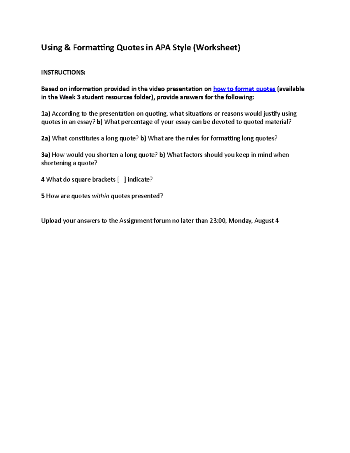 Using Formatting Quotes in APA Style Worksheet 2 - Using & Formatting ...
