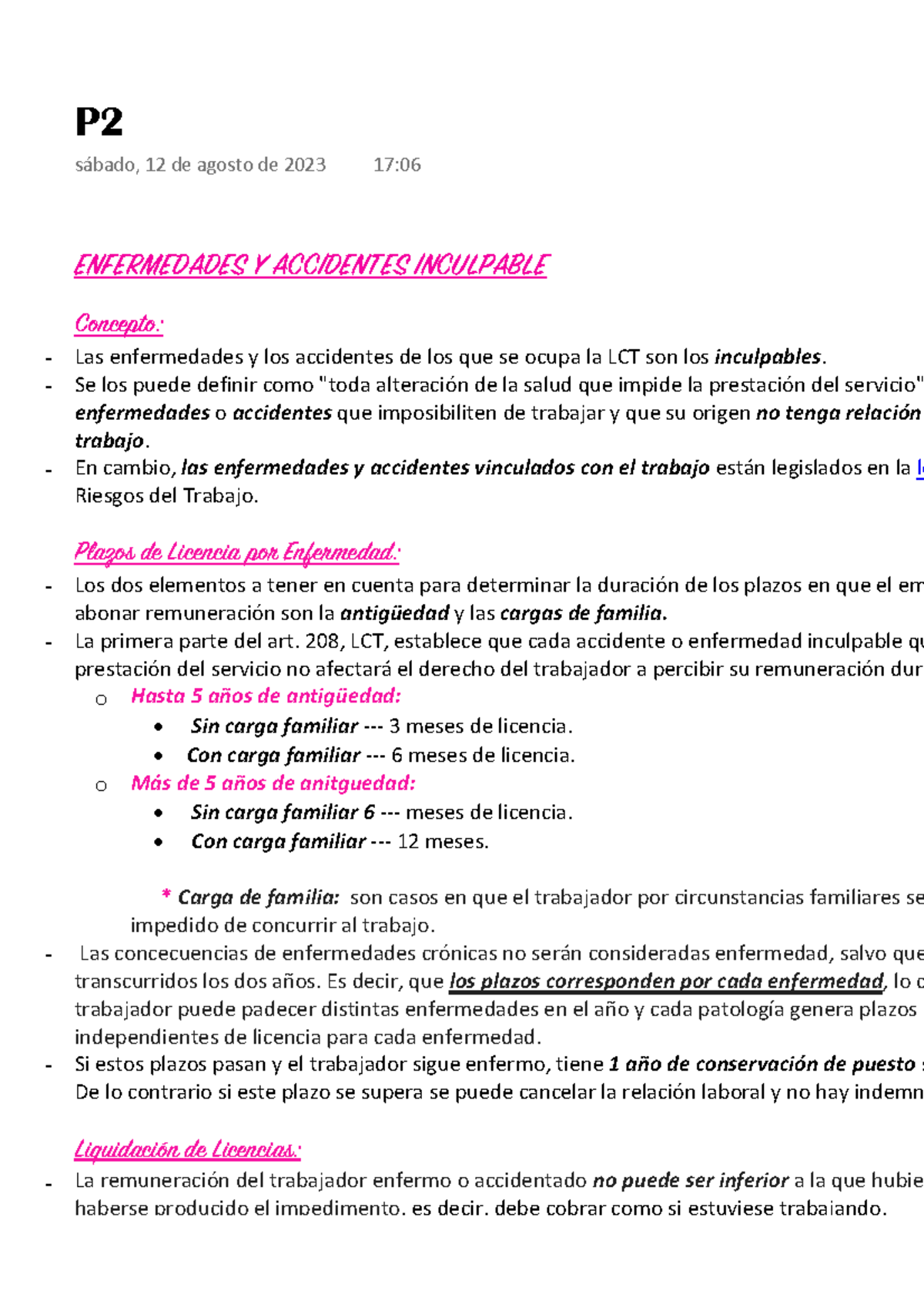 P2- Derecho Indv. - ENFERMEDADES Y ACCIDENTES INCULPABLE Concepto: Las ...