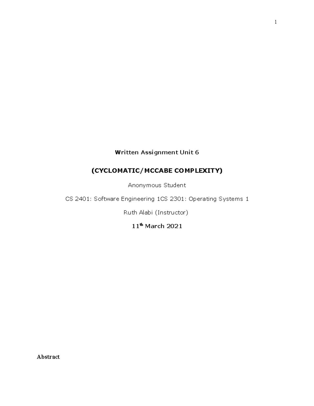 Cs 2301 Os 1 Week 6 Written Programming Assignment Written Assignment Unit 6 Cyclomatic