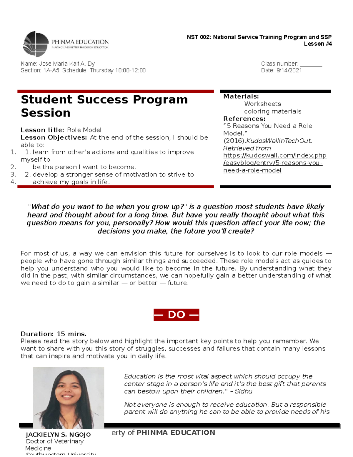 SAS 4 NST 002 Role Model - SWU - Lesson # Name: Jose Maria Karl A. Dy ...