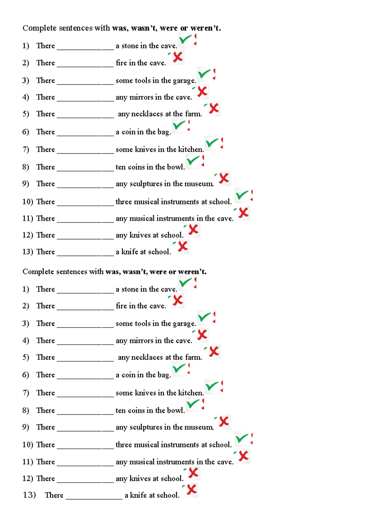 There was-was not, were not - Complete sentences with was, wasn’t, were ...