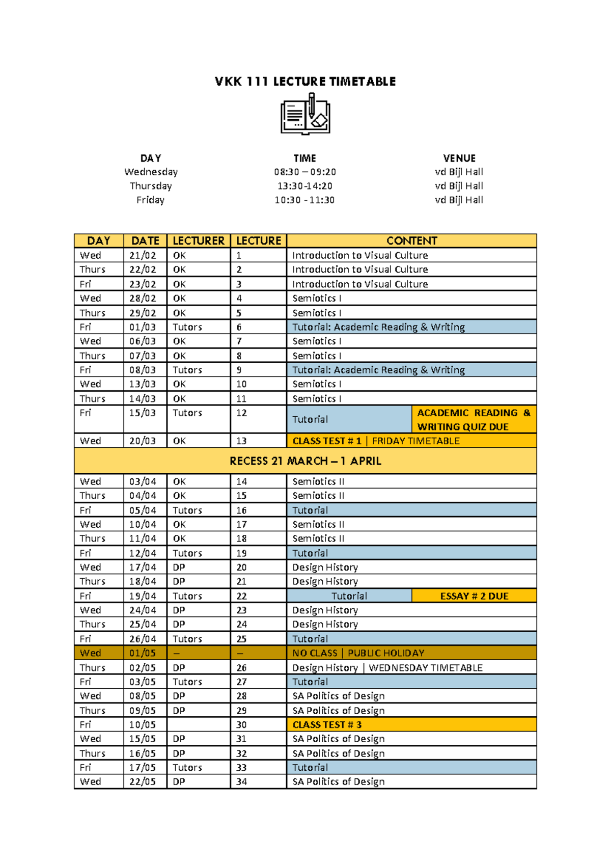 VKK 111 Lecture & Assessment Timetable 2024 - VKK 111 LECTURE TIMETABLE ...