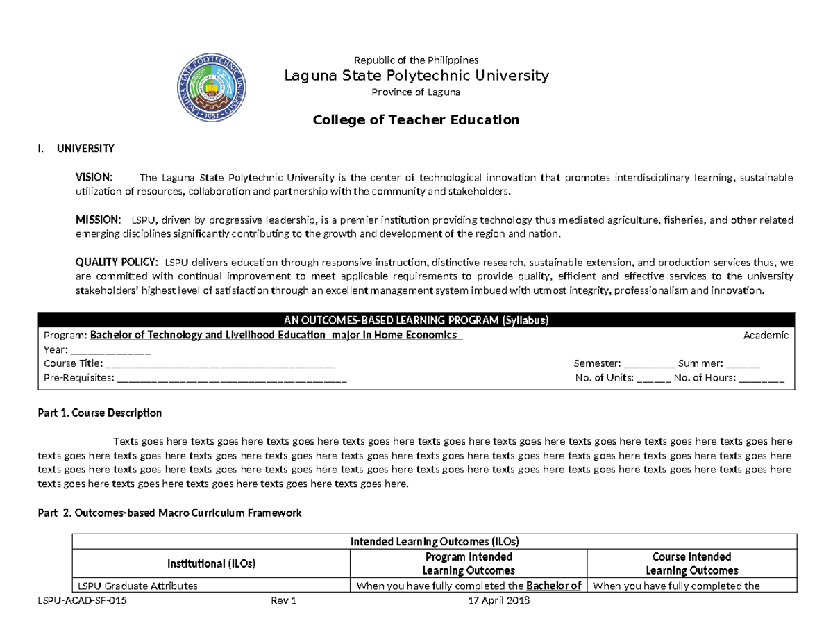 Btled Course Syllabus Template - Republic of the Philippines Laguna ...
