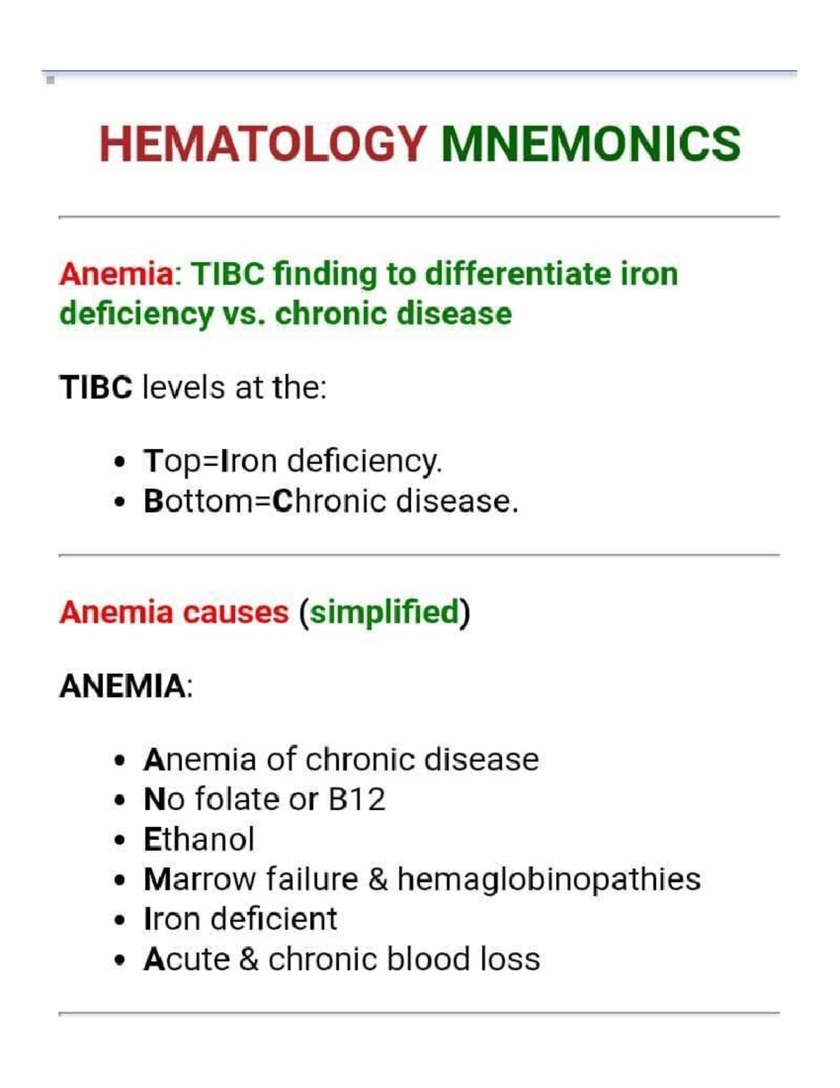 Hematology mnemonics - Ctto - medical tech - Studocu