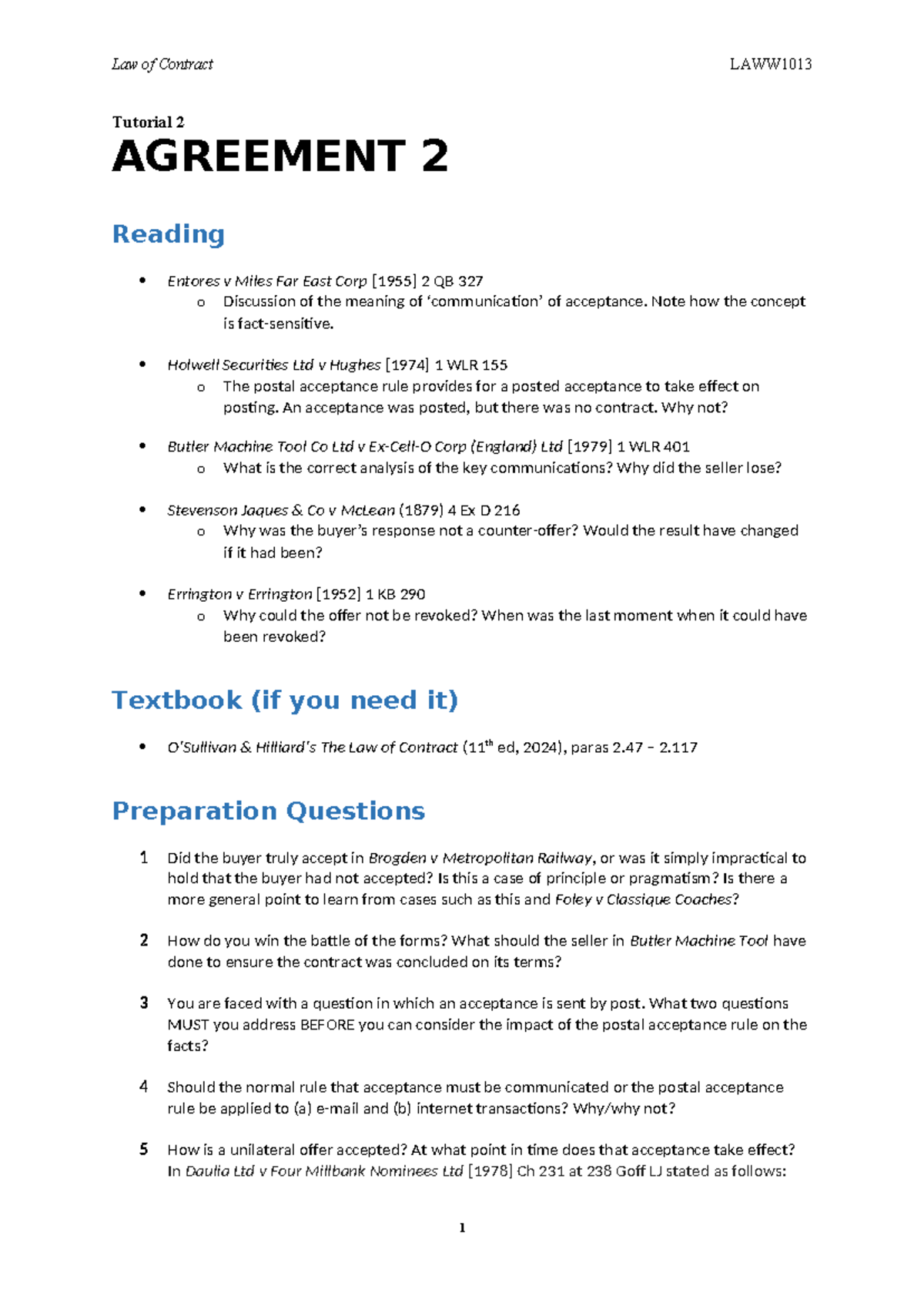 Tutorial 2 - Agreement topic - Law of Contract LAWW Tutorial 2 ...