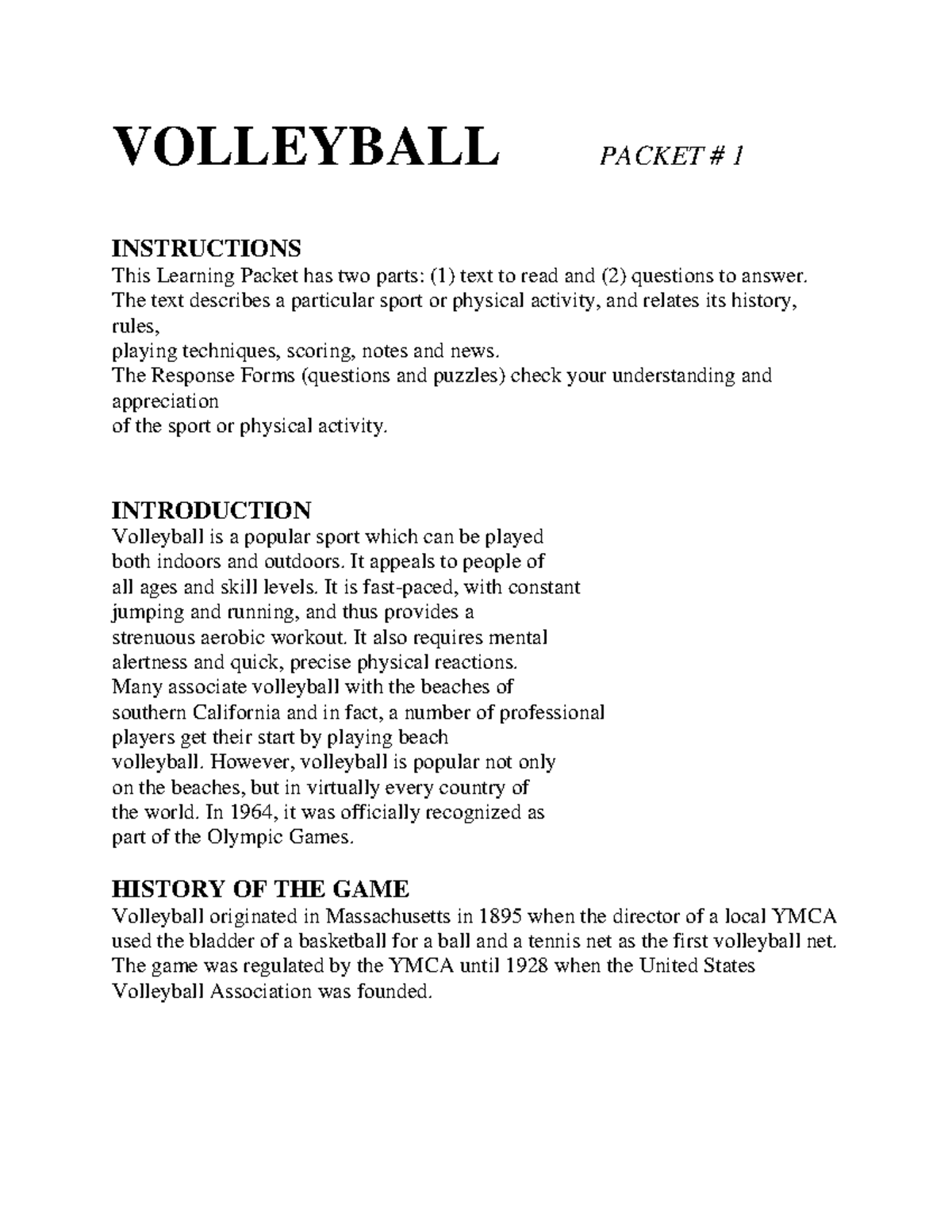Volleyball Packet - Yes - VOLLEYBALL PACKET # 1 INSTRUCTIONS This ...