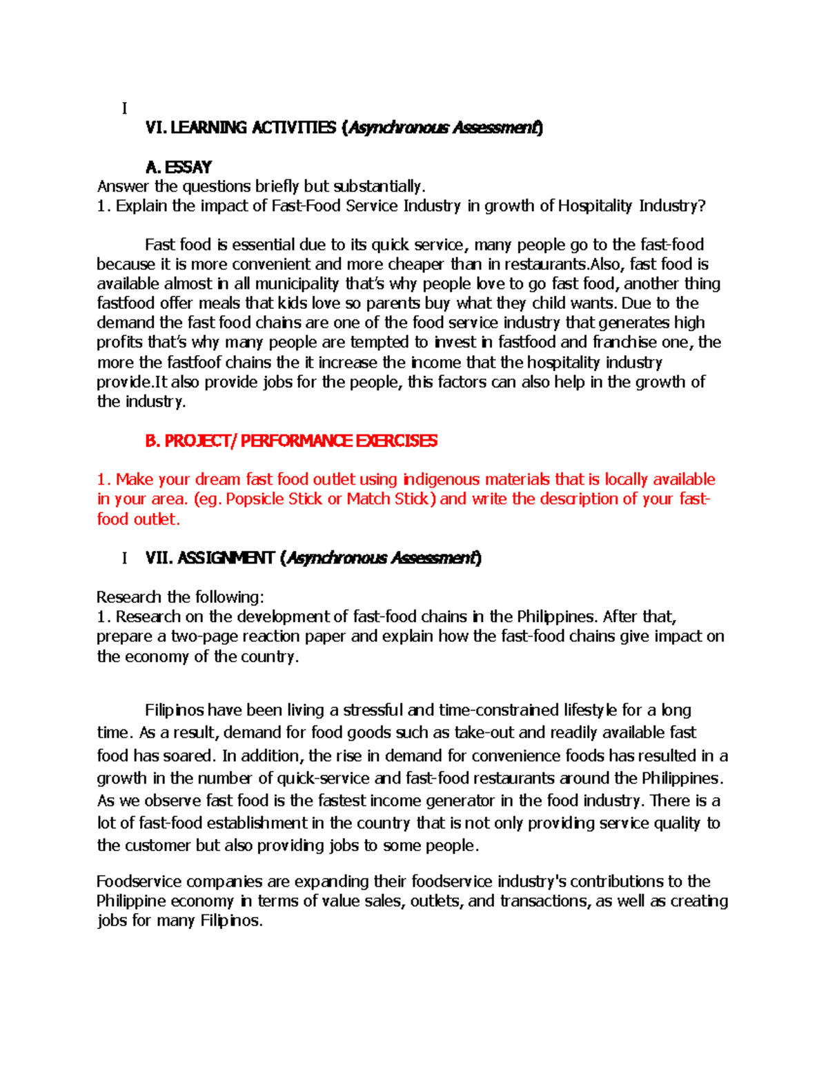 Lesson 1 Answer - I VI. LEARNING ACTIVITIES (Asynchronous Assessment) A ...