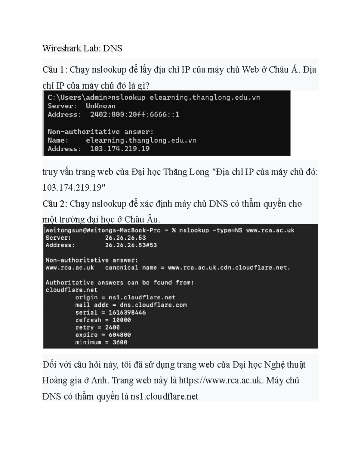 bai tap cong dan so 3 - Wireshark Lab: DNS Câu 1: Chạy nslookup để lấy địa chỉ IP của máy chủ ...