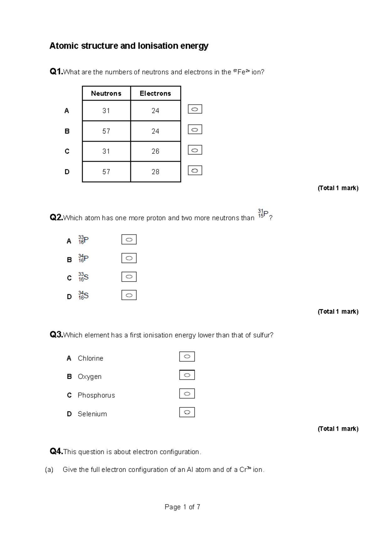 Atomic structure and IE questions - Atomic structure and Ionisation ...