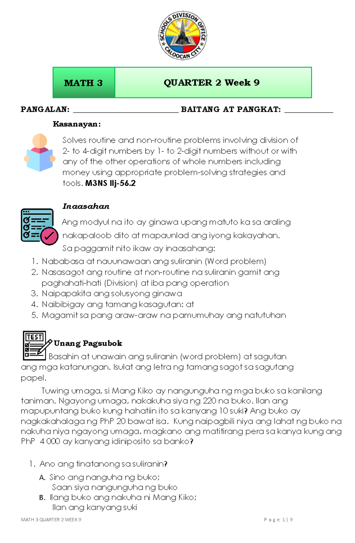 Math 3 Qtr 2 Week 9 Math 3 Qtr 2 Week 9 - PANGALAN: __________________________ BAITANG AT ...