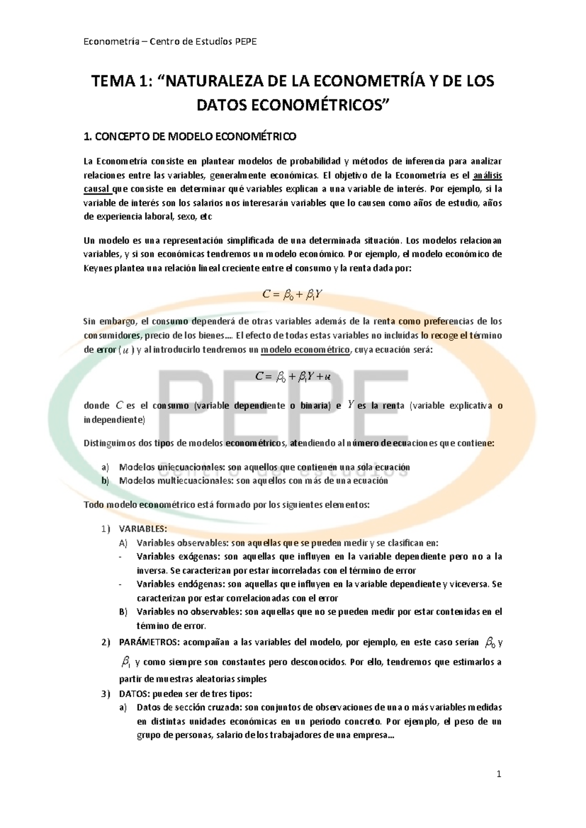 Temas 1 Y 2 Econometria 2023 - TEMA 1: “NATURALEZA DE LA ECONOMETRÍA Y DE LOS DATOS ...
