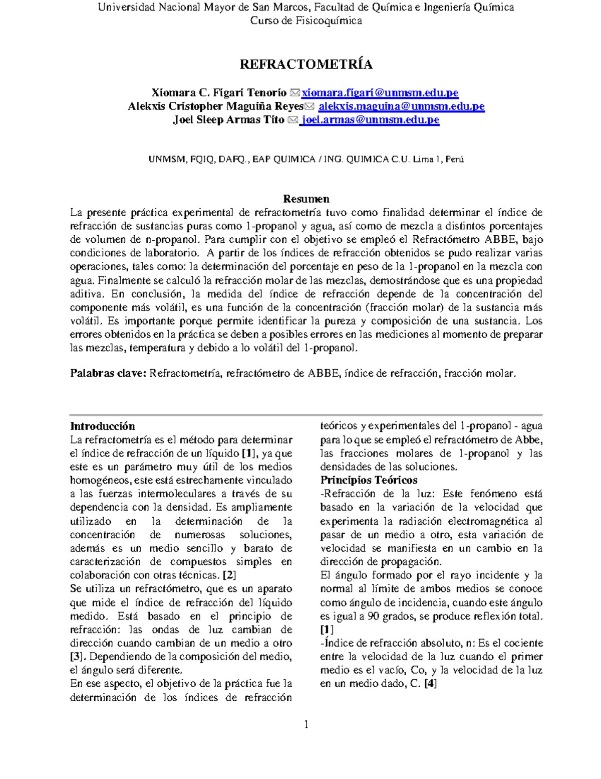 Refractometría Informe De Laboratorio De Fisicoquimica 2 Curso De