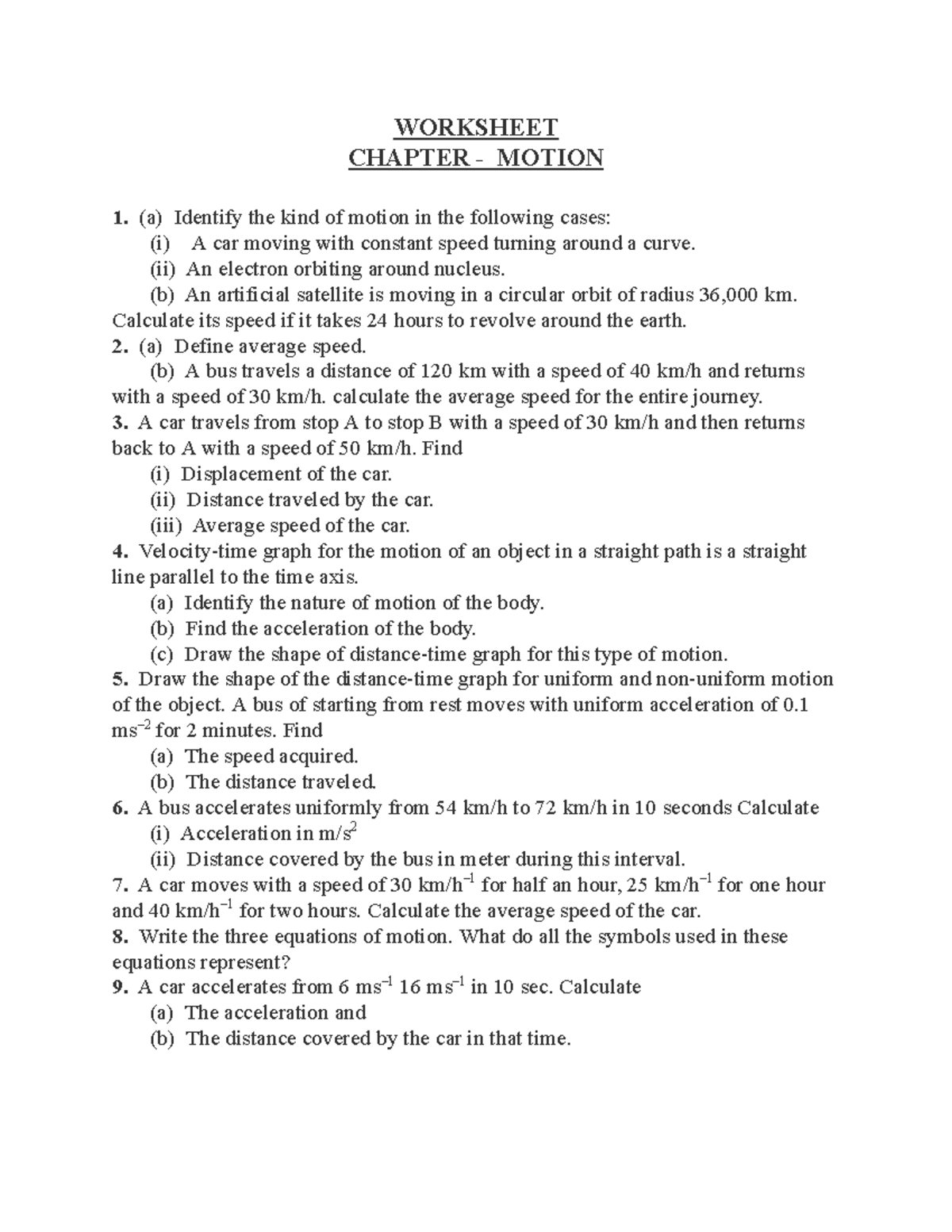 Phy-Motion - motion assignment - WORKSHEET CHAPTER - MOTION 1. (a ...