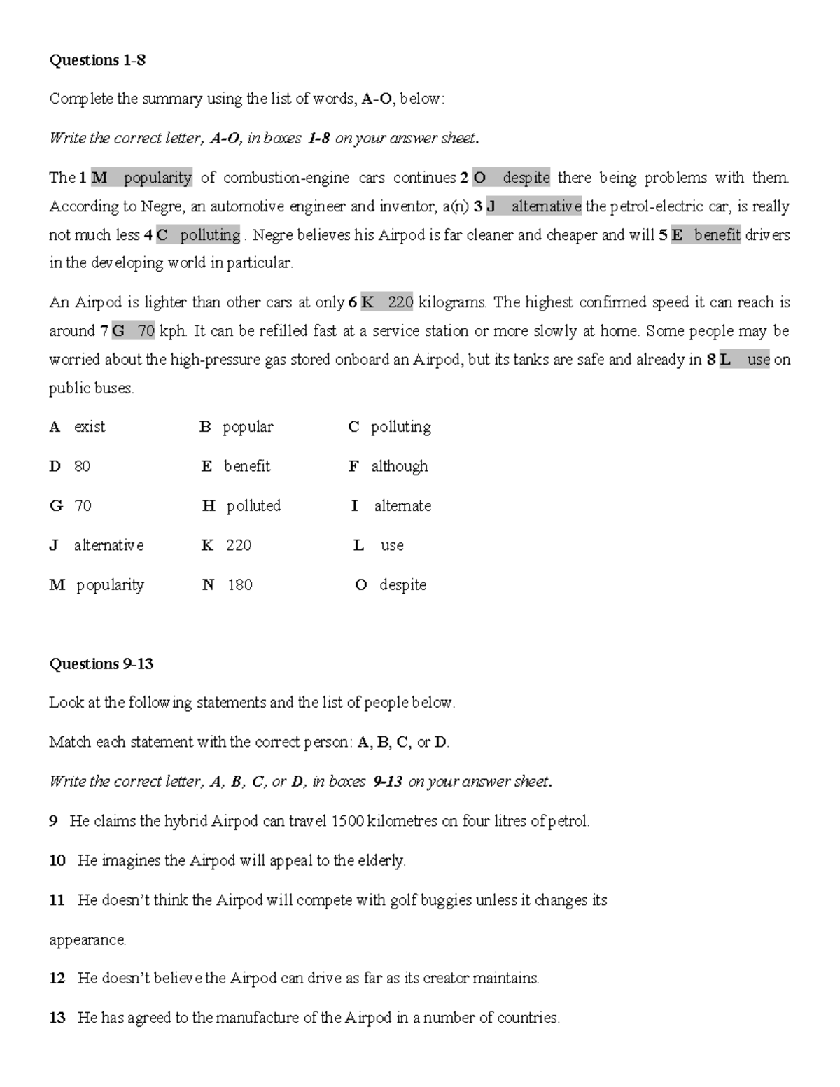 Unit 2 Driving On Air - 1234 - Questions 1- Complete the summary using ...