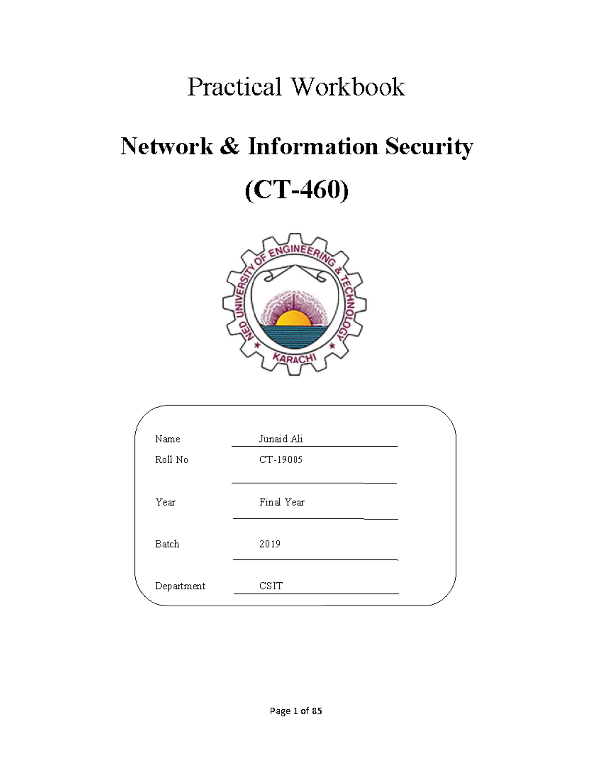 Lab 1 Monoaphabetic ciphers - Practical Workbook Network & Information Security (CT- 460 ) Name ...