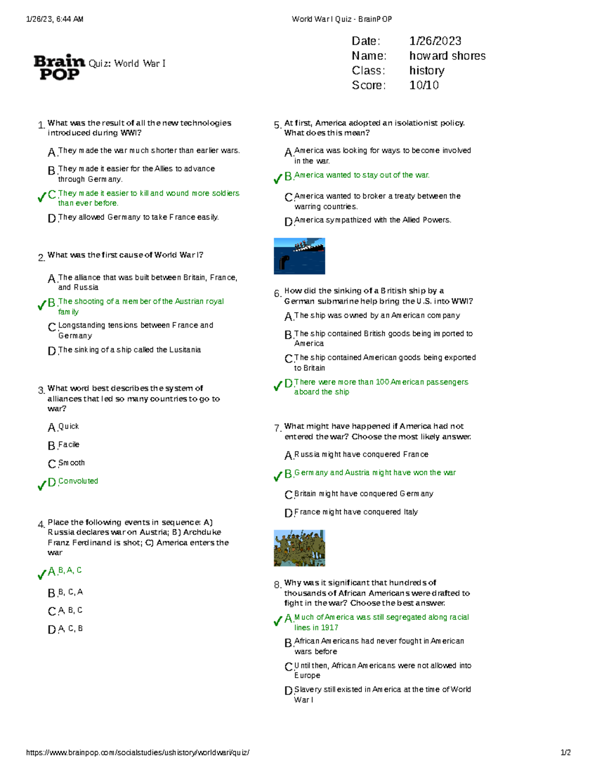 World War I Quiz - Brain POP - 1/26/23, 6:44 AM World War I Quiz ...