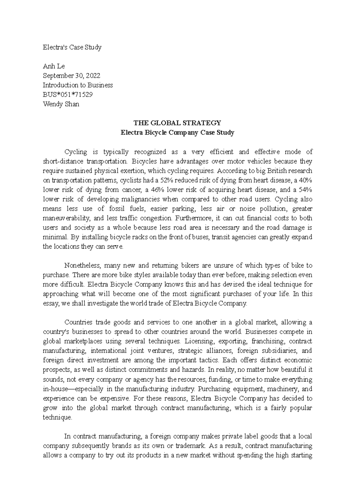 Electra Bicycle Company Case Study - Electra's Case Study Anh Le ...