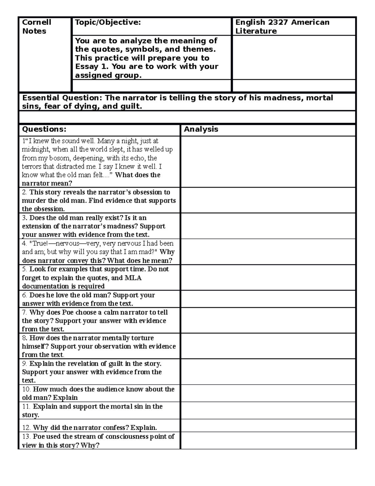 Cornell Notes The Tell Tale Heart - Cornell Notes Topic/Objective ...