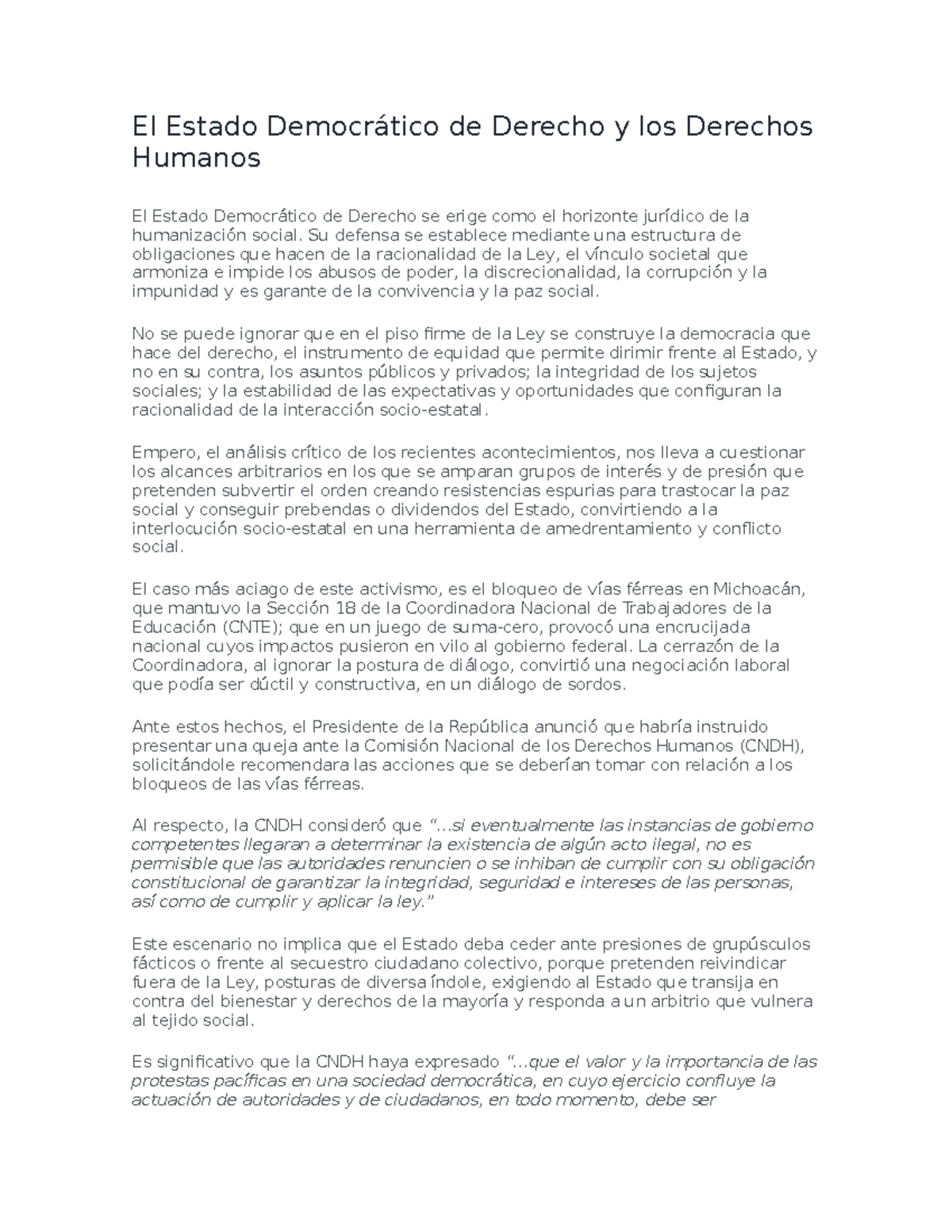 El Estado Democrático de Derecho y los Derechos Humanos - El Estado ...