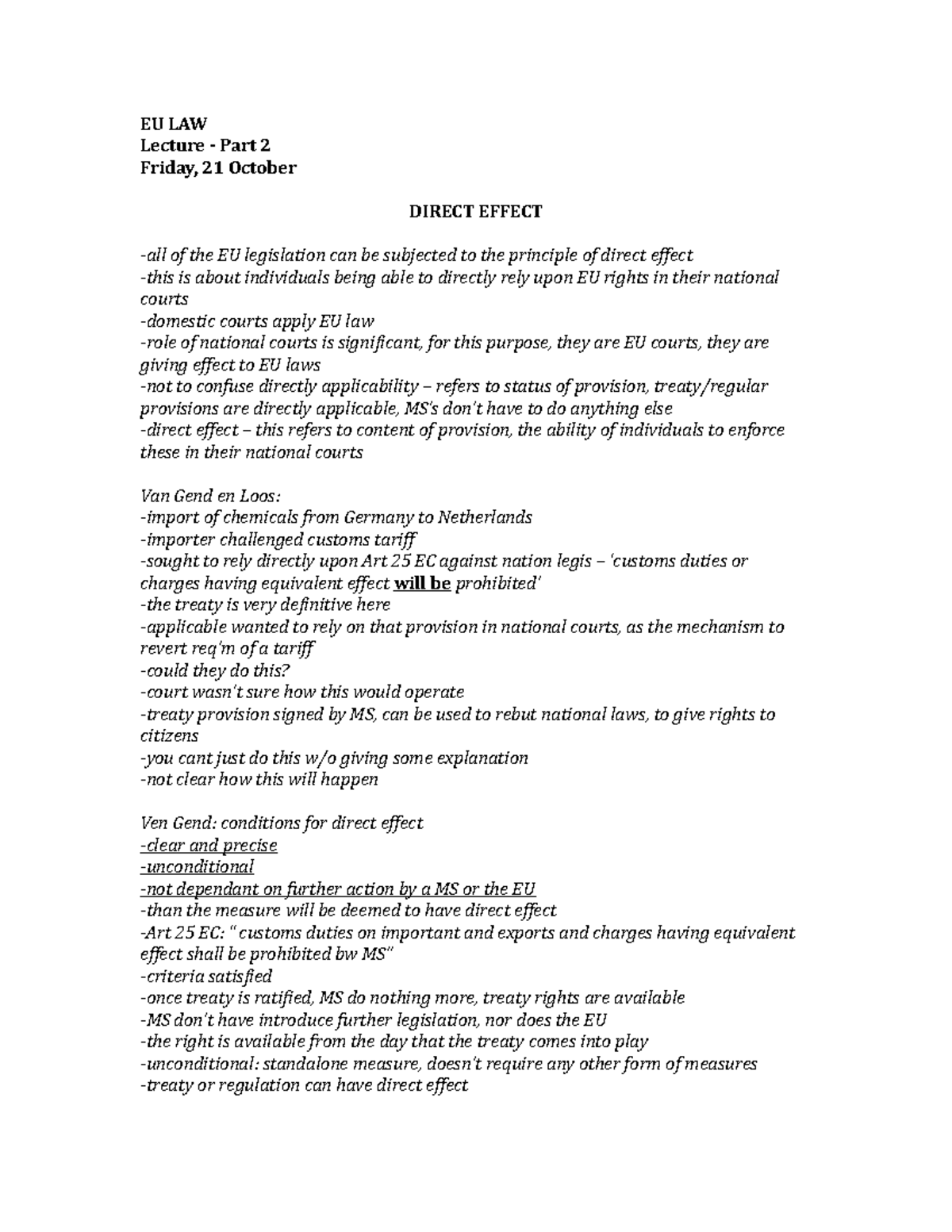 Eu Law Part 2 Direct Effect Eu Law Lecture Part 2 Friday 21 October Direct Effect All Of