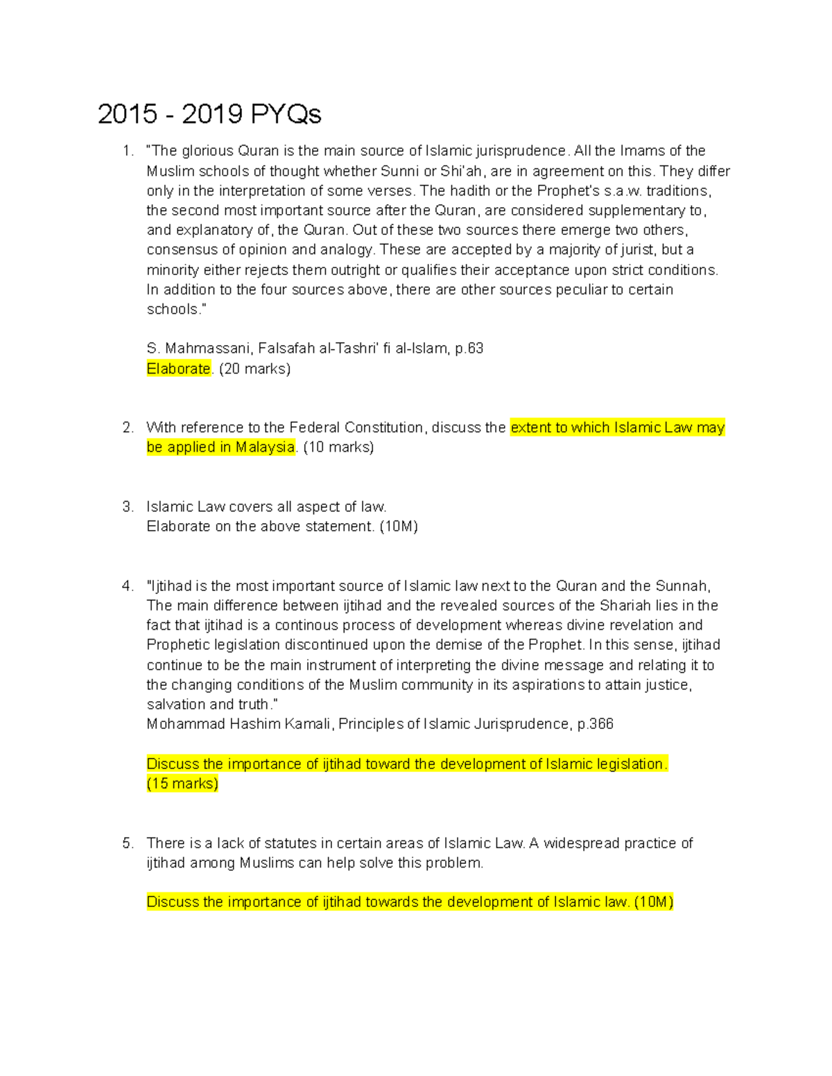 LIA1005 - ILS PYQ - 2015 - 2019 PYQs 1. “The glorious Quran is the main ...