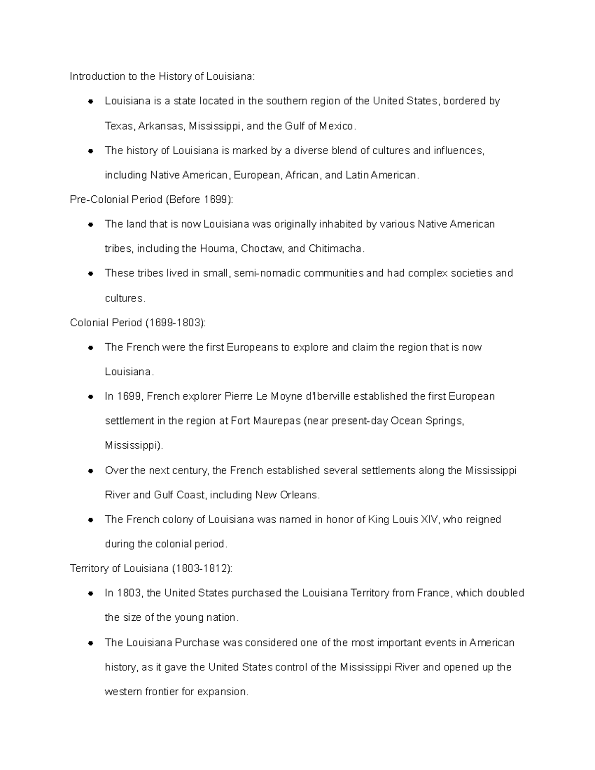 HIST 360 - Intro - First Lecture notes on history of Louisiana ...