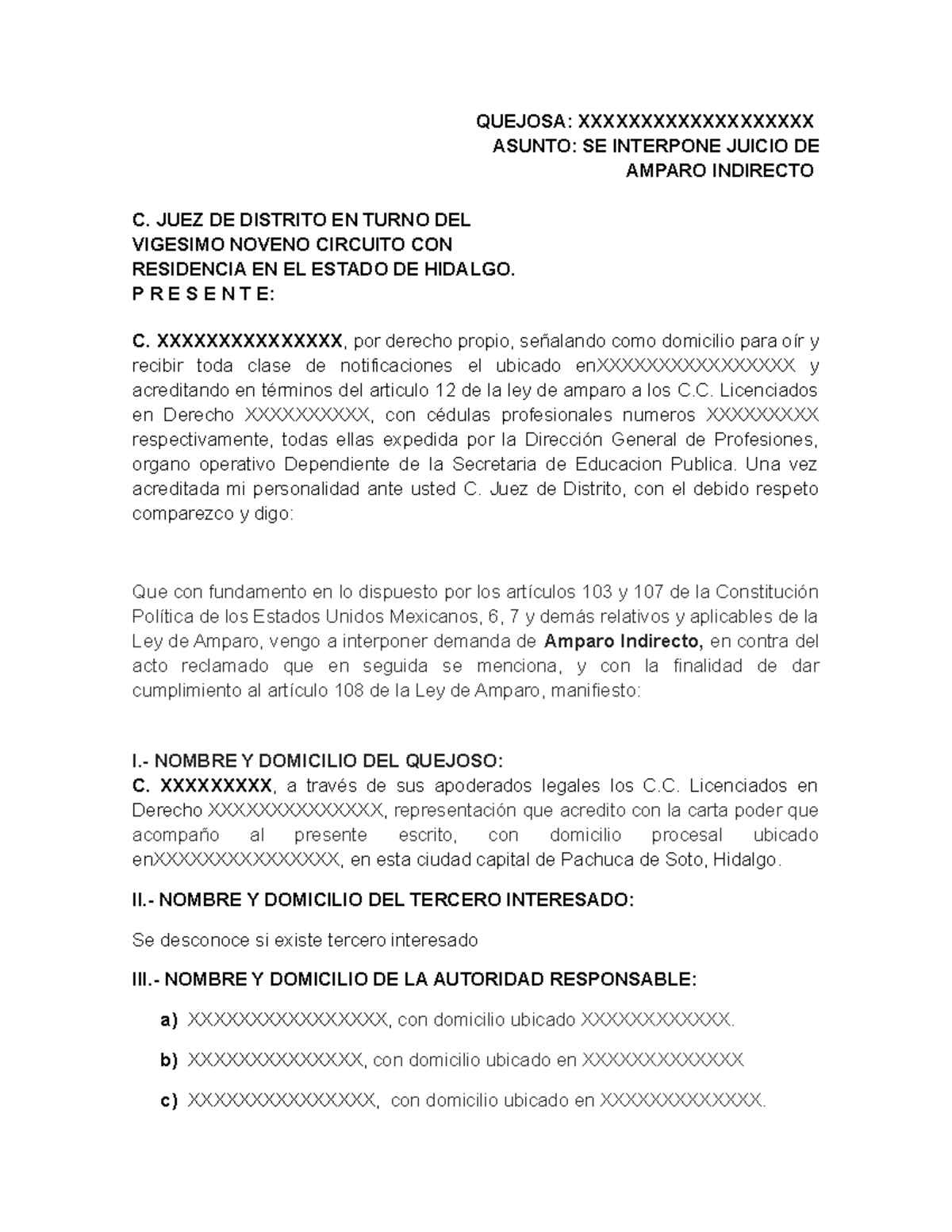 Modelo Amparo - QUEJOSA: XXXXXXXXXXXXXXXXXXX ASUNTO: SE INTERPONE ...