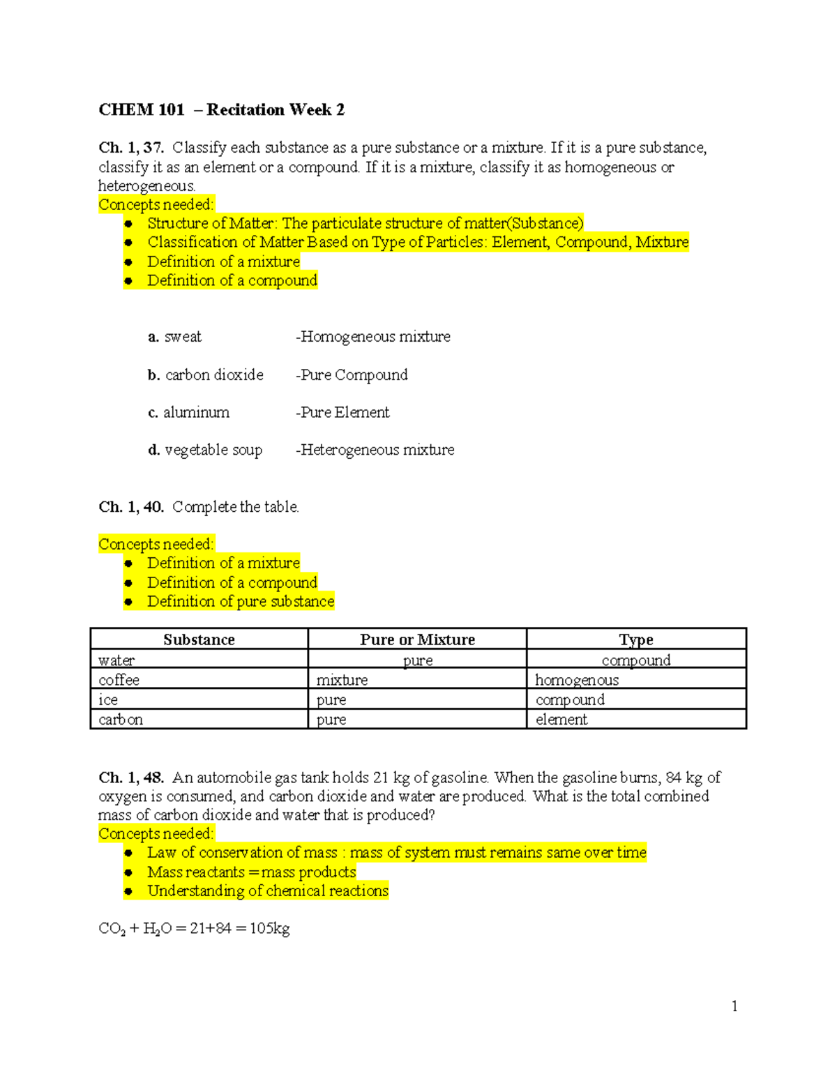 CHEM 101 Recitation Week 2 - CHEM 101 – Recitation Week 2 Ch. 1, 37 ...